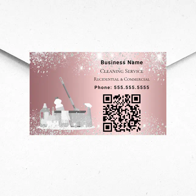 Cleaning service pink silver glitter dust QR code Rectangular Sticker ...