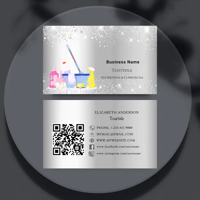 Cleaning service silver glitter dust QR code Business Card | Zazzle