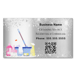 Cleaning service silver glitter dust QR code Business Card Magnet | Zazzle