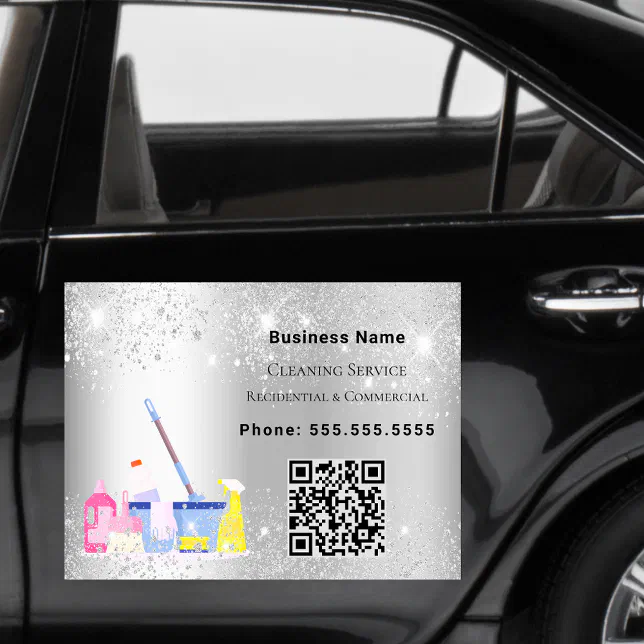 Cleaning service silver glitter dust QR code Car Magnet | Zazzle
