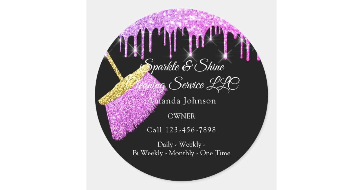 Cleaning Services House Maid Pink Drips Black Classic Round Sticker ...