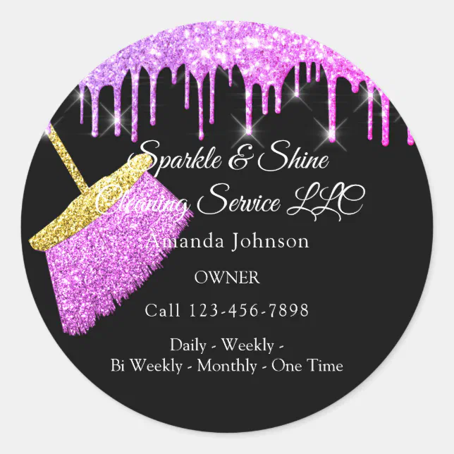 Cleaning Services House Maid Pink Drips Black Classic Round Sticker ...