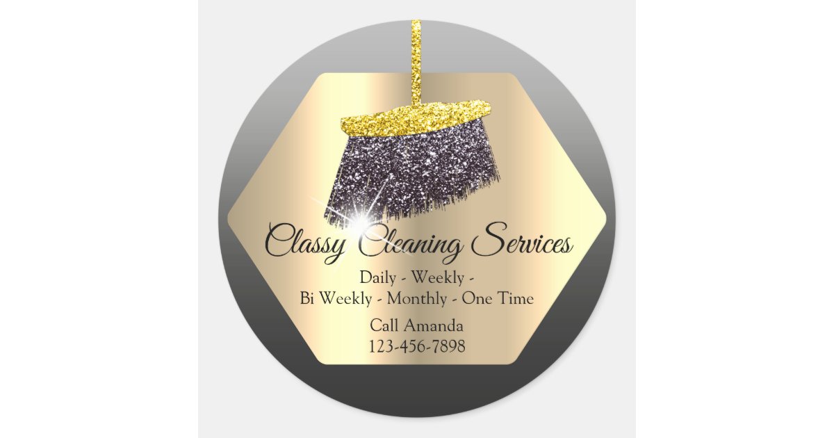 Cleaning Services Maid Housekeeper Golden Broom Classic Round Sticker ...