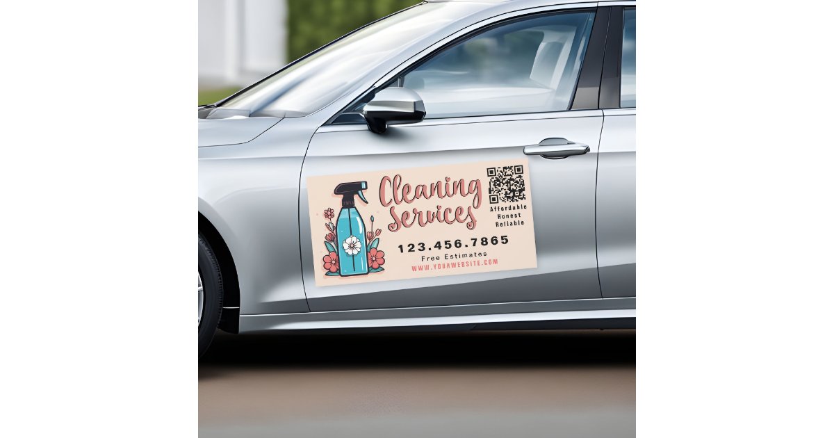 Cleaning Services Spray Bottle Floral QR Code Car Magnet | Zazzle
