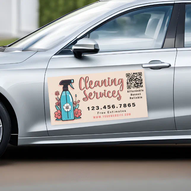 Cleaning Services Spray Bottle Floral QR Code Car Magnet | Zazzle