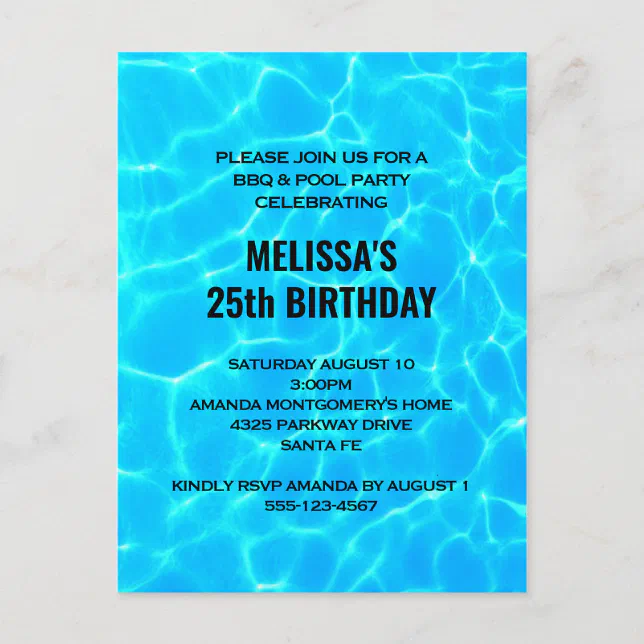 Clear Blue Pool Water Photo Birthday Invitation | Zazzle