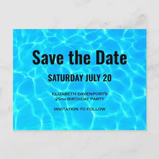 Clear Blue Pool Water Photo Save the Date Party Invitation Postcard ...