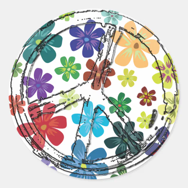 CLEAR PEACE SIGN WITH FLOWERS CLASSIC ROUND STICKER | Zazzle