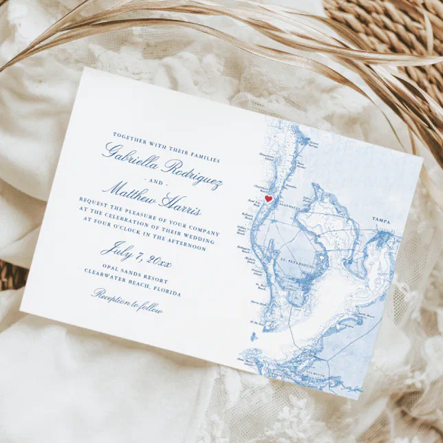 Clearwater Beach FL Elegant Blue Map Wedding Invitation | Zazzle