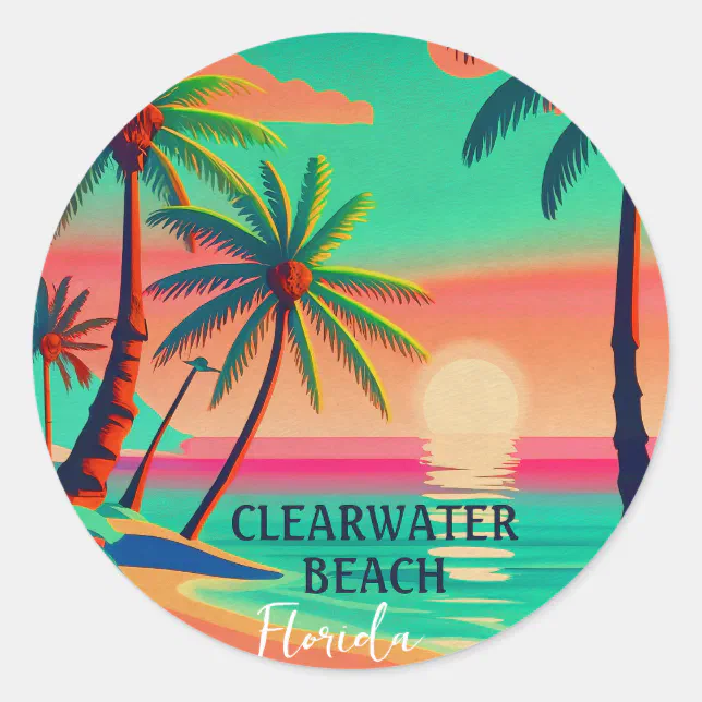 Clearwater Beach Florida Tropical Palm Tree 1950s Classic Round Sticker ...