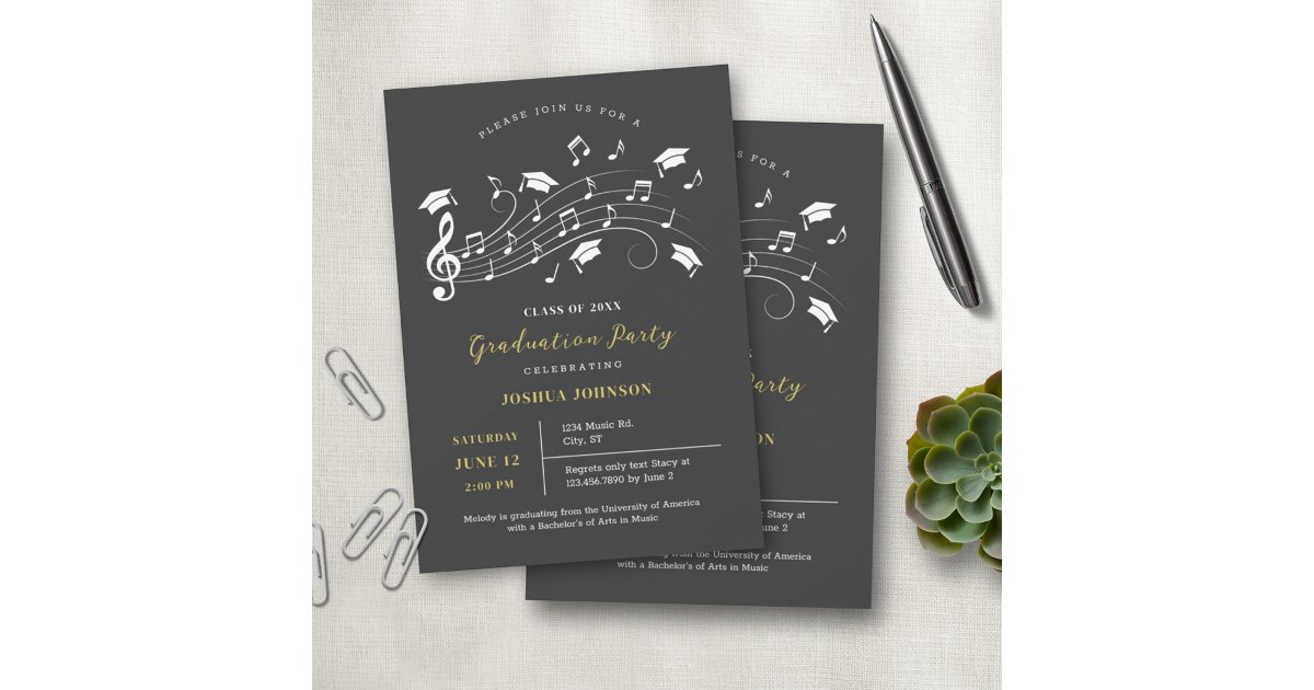 Clef and Musical Notes Pentagram Graduation Invita Invitation | Zazzle