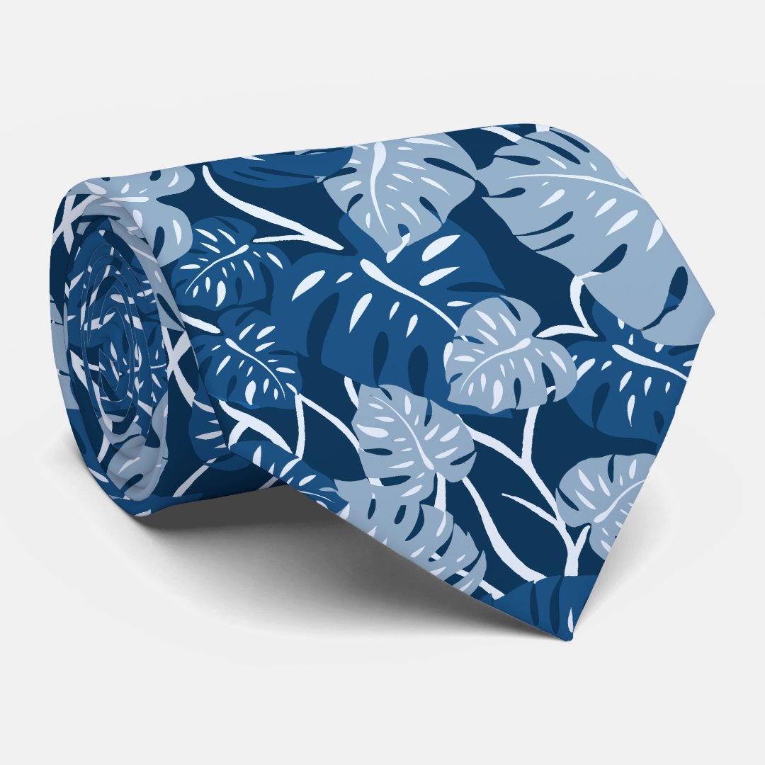 Cliff Hanger Hawaiian Monstera Leaf Indigo Blue Neck Tie | Zazzle