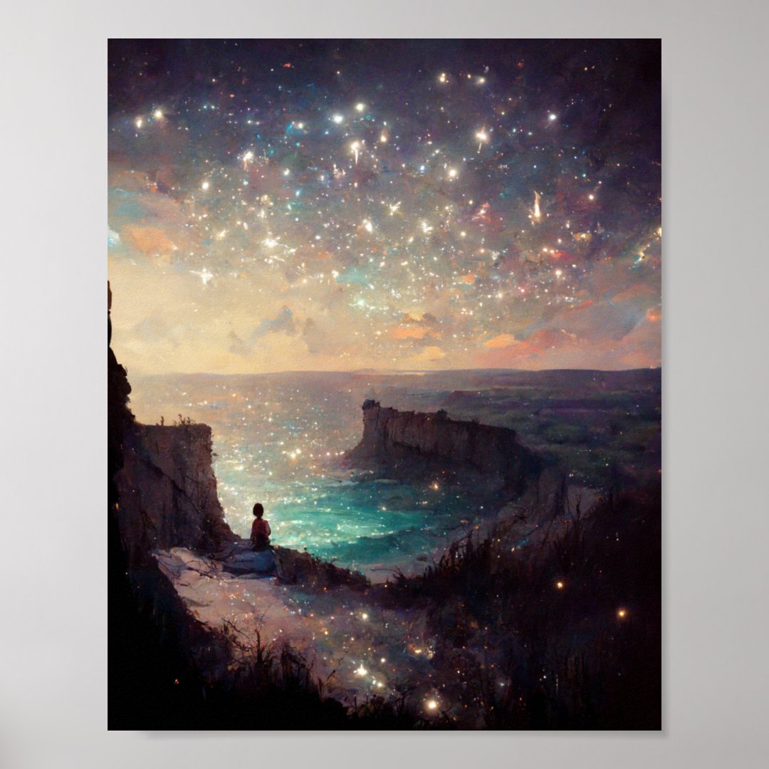 Cliffside Night Fantasy Landscape Sci-Fi Poster | Zazzle