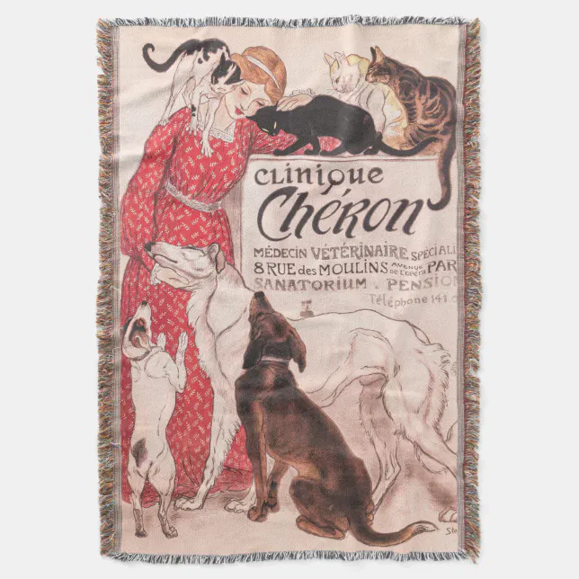 Clinique Cheron Vintage Dog Cat Steinlen Poster Throw Blanket | Zazzle