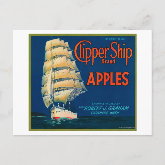 Clipper Ship Apple Label (green) - Cashmere, WA Postcard | Zazzle