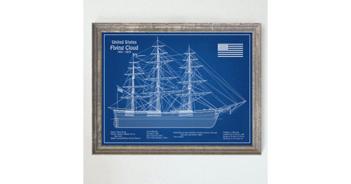 Clipper Ship Flying Cloud - Blueprint ABD Poster | Zazzle