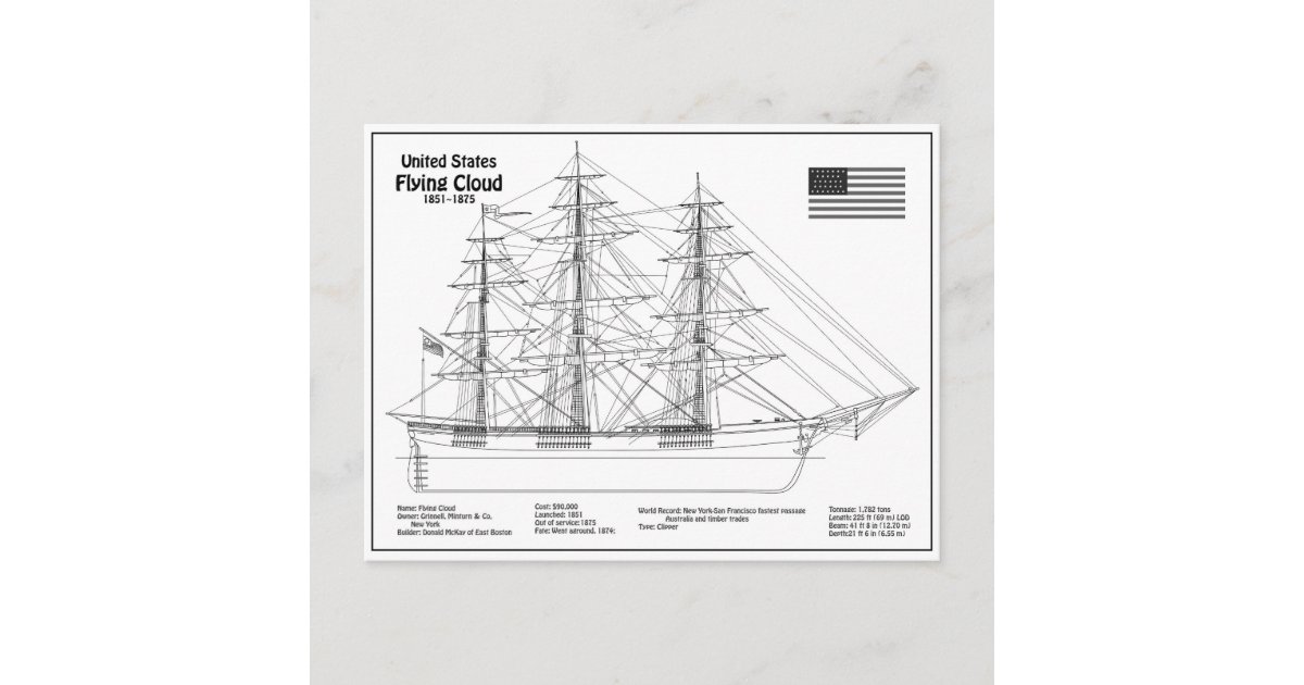 Clipper Ship Flying Cloud - Ship Blueprint BD Postcard | Zazzle