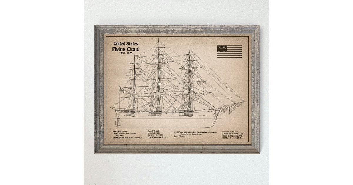 Clipper Ship Flying Cloud - Ship Blueprint SD Poster | Zazzle