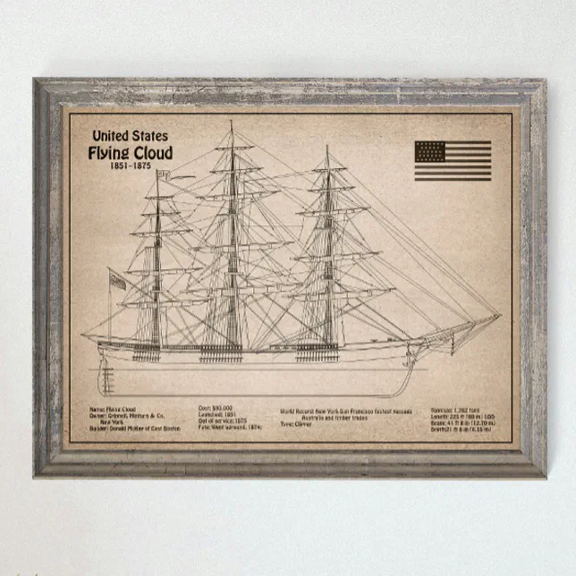 Clipper Ship Flying Cloud - Ship Blueprint SD Poster | Zazzle
