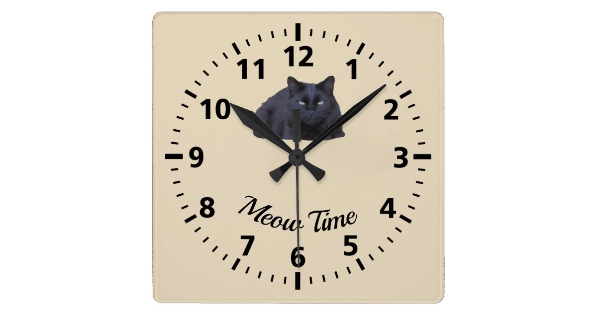 Clock - Meow Time with Black Cat | Zazzle