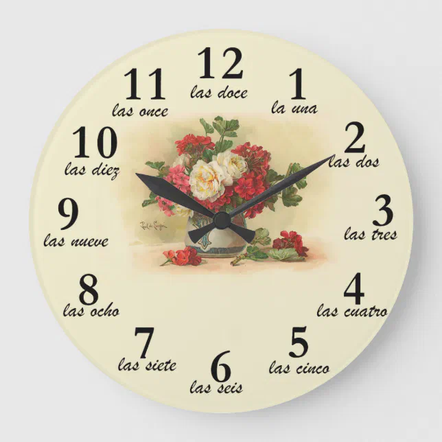 Clock with vintage image and numbers in Spanish | Zazzle
