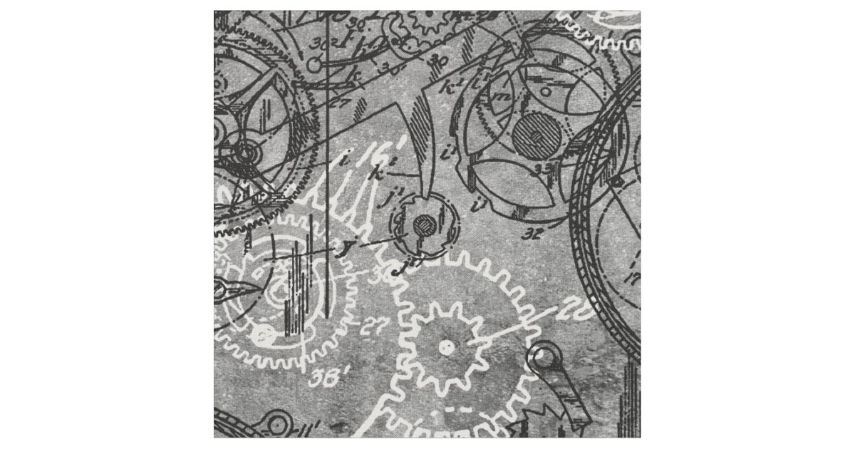 Clockwork Collage Grey Fabric | Zazzle