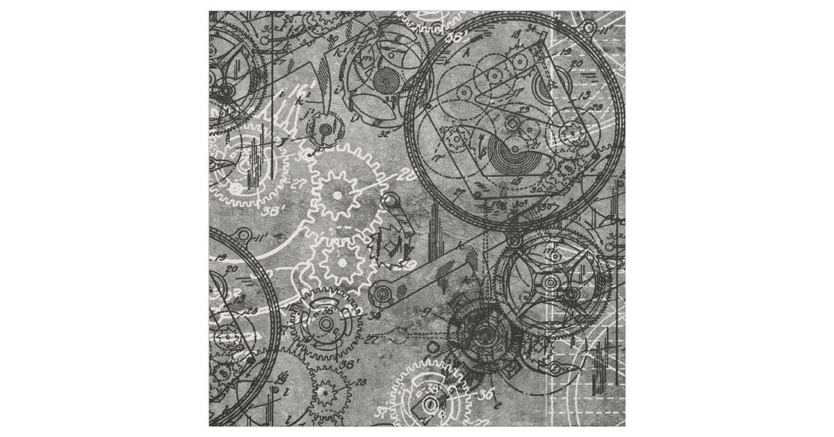 Clockwork Collage Grey Fabric | Zazzle