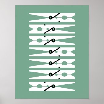 Clothes Pins Black White Green Laundry Room Art Poster | Zazzle