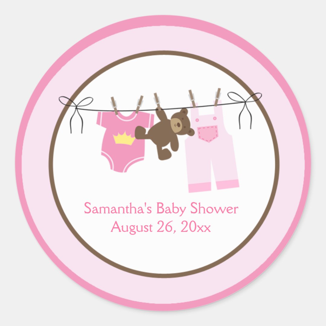 Clothesline Baby Girl CIRCLE Custom Favor Stickers | Zazzle