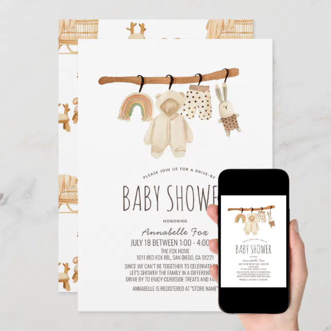 Clothesline Gender Neutral Drive-by Baby Shower Invitation | Zazzle