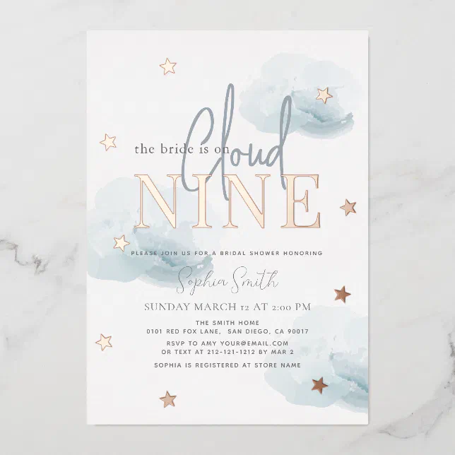 Cloud 9 Gold Stars & Blue Clouds Bridal Shower Foil Invitation | Zazzle