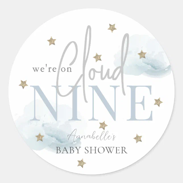 Cloud 9 Gold Stars Watercolor Boy Baby Shower Classic Round Sticker ...