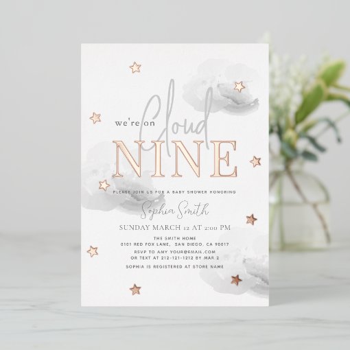 Cloud 9 Gray Clouds Watercolor Baby Shower Foil Invitation | Zazzle
