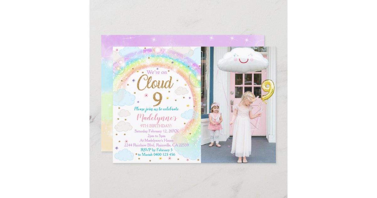 Cloud 9 Photo Invitation Rainbow 9th Birthday | Zazzle