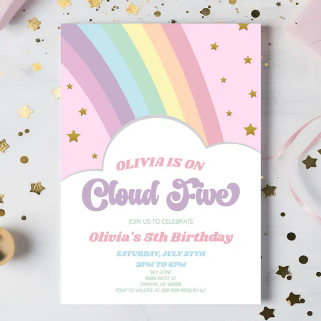 Cloud Five Rainbow and Stars 5th Birthday Party Invitation | Zazzle
