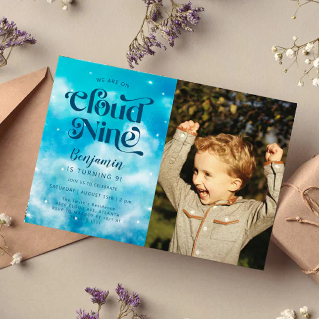 Cloud Nine Boy's 9th Birthday Photo Invitation | Zazzle