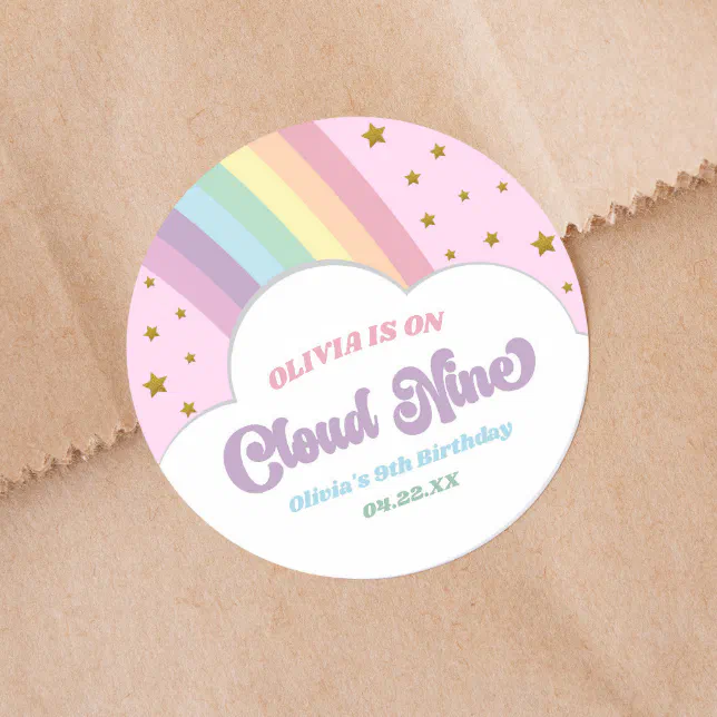 Cloud Nine Rainbow and Stars 9th Birthday Party Classic Round Sticker ...