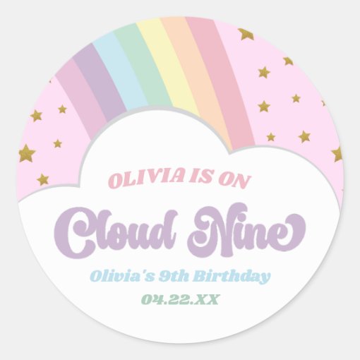Cloud Nine Rainbow and Stars 9th Birthday Party Classic Round Sticker ...