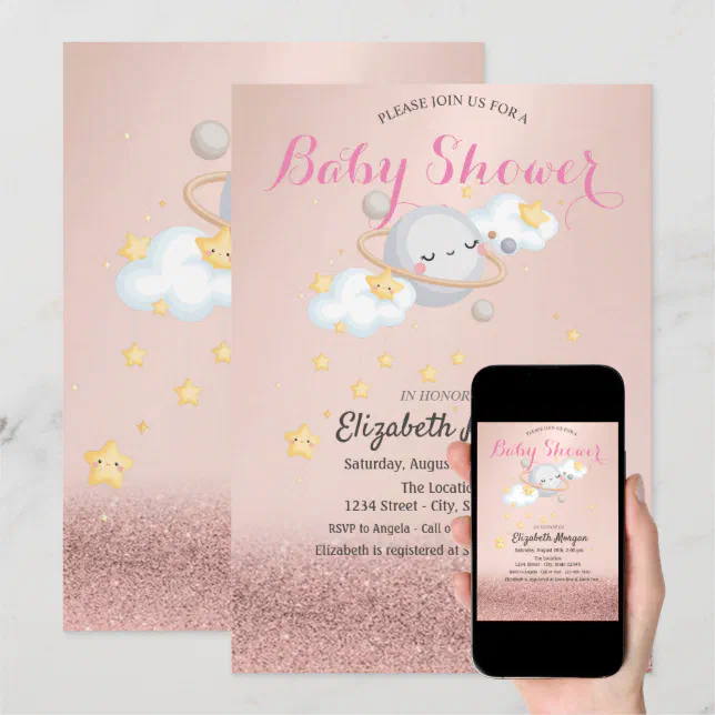 Clous Stars Planet Rose Gold Bokeh Baby Shower Invitation | Zazzle