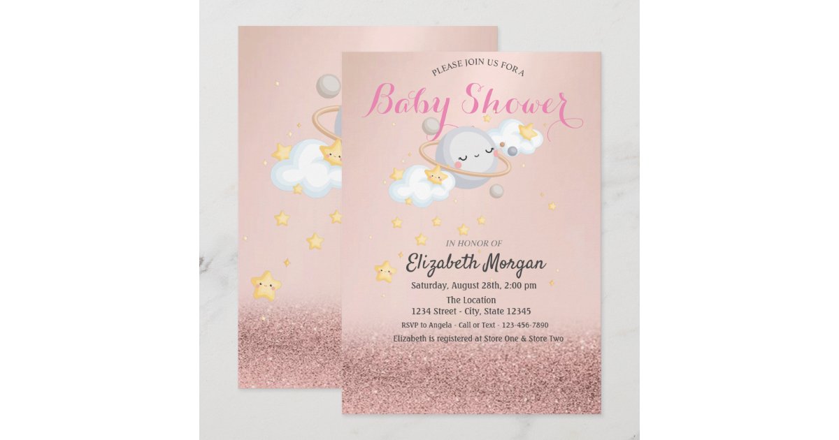 Clous Stars Planet Rose Gold Bokeh Baby Shower Invitation | Zazzle