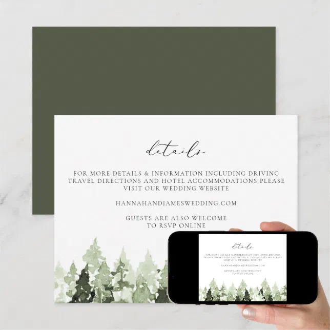 CLOVER Earthy Green Pine Tree Wedding Details Card | Zazzle