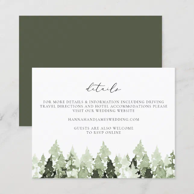 CLOVER Earthy Green Pine Tree Wedding Details Card | Zazzle