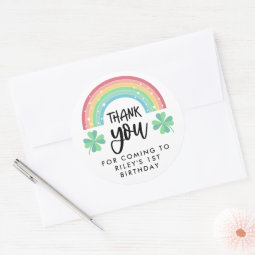 Clover & Rainbow Lucky One 1st Birthday Thank You Classic Round Sticker ...