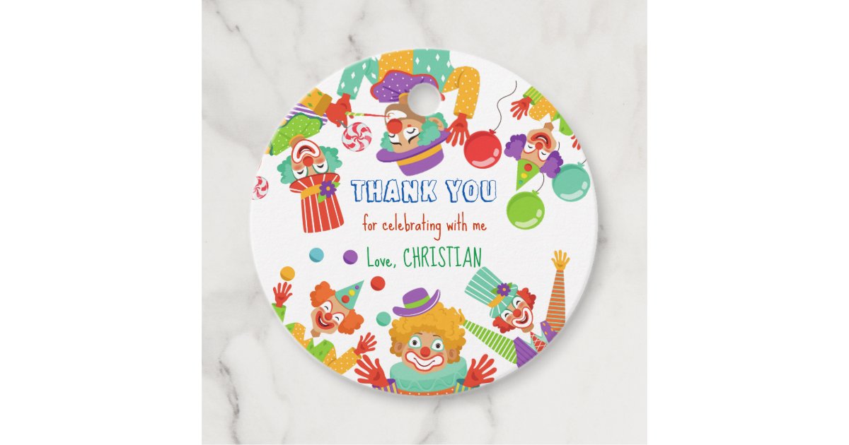 Clown circus birthday party personalized name favor tags | Zazzle