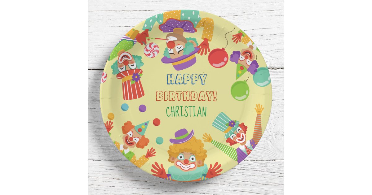 Clown circus birthday party personalized name paper plates | Zazzle