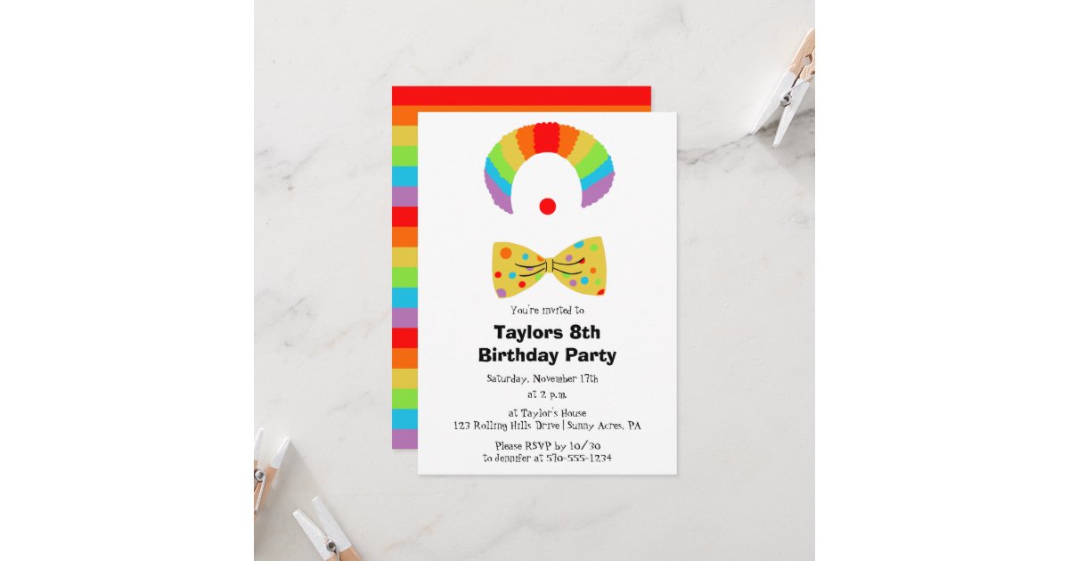 Clown with Rainbow Wig Personalized Birthday Invitation | Zazzle