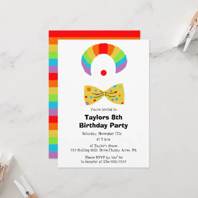 Clown with Rainbow Wig Personalized Birthday Invitation | Zazzle