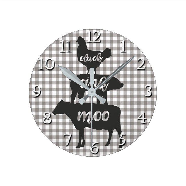 Cluck Oink Moo Chicken Cow Pig Farmhouse Kitchen Round Clock | Zazzle
