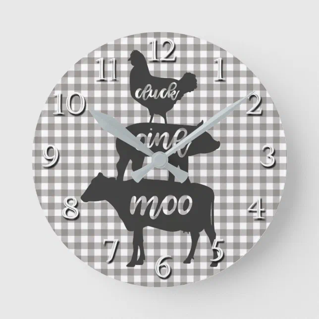 Cluck Oink Moo Chicken Cow Pig Farmhouse Kitchen Round Clock | Zazzle