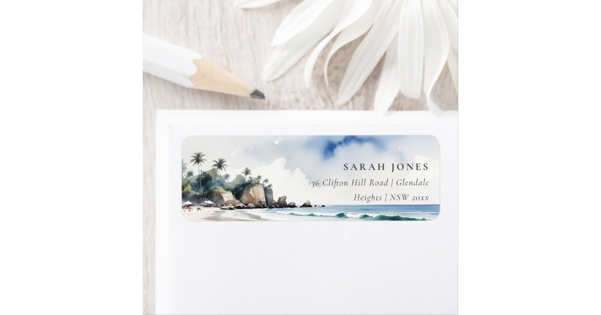 Coastal Bali Beach Palm Tree Watercolor Address Label | Zazzle